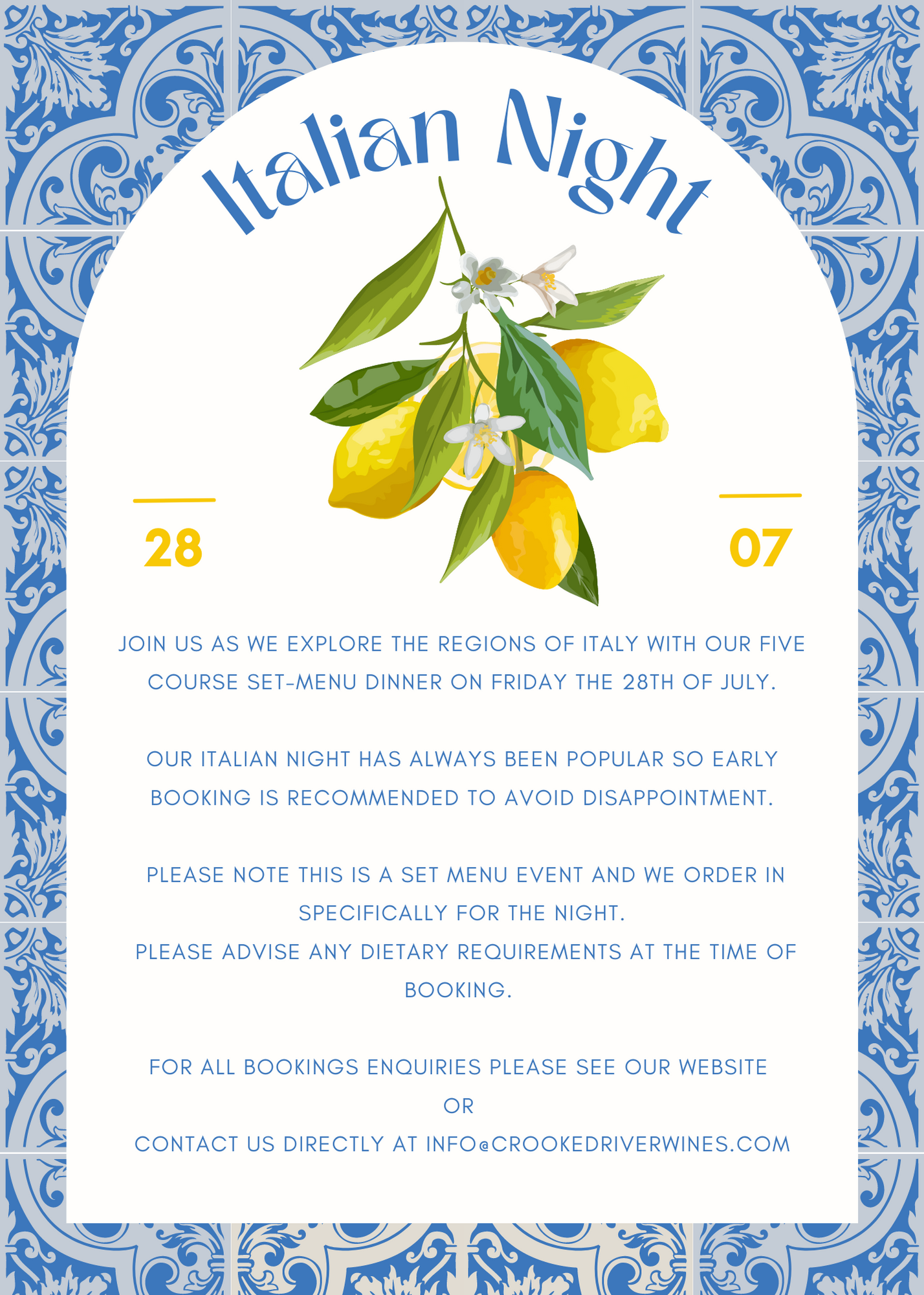 Crooked River Wines - Italian Night - Visit Shellharbour